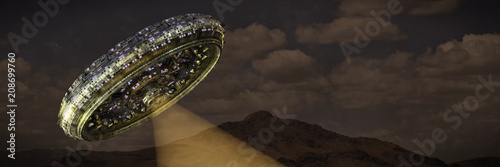 UFO, alien spaceship with tractor beam hovering in night sky ...