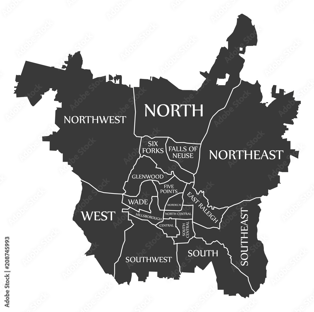 Raleigh North Carolina city map USA labelled black illustration Stock ...