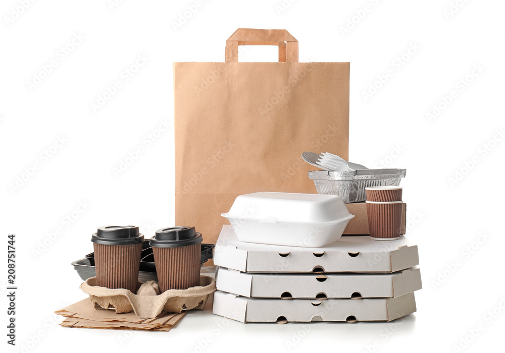 Different types of packages on white background. Food delivery service ...