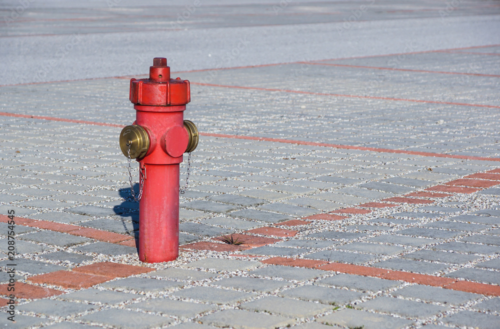 Old red fire hydrant in the street. Fire hidrant for emergency fire ...