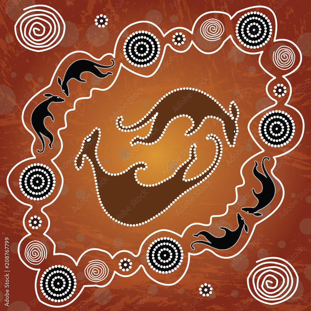 Aboriginal art vector painting with kangaroo. Illustration based on ...