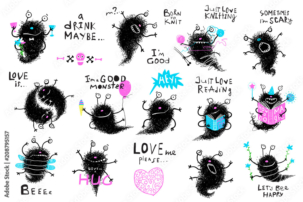 Bundle of funny hand drawn monsters clip art. Vector cartoon. Stock ...