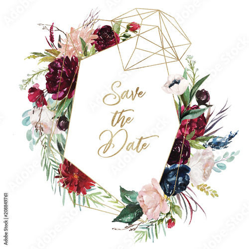 Watercolor floral illustration - burgundy flowers wreath / frame with ...