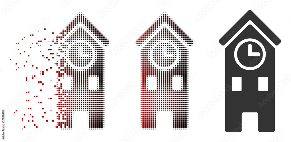 Vector clock tower icon in dissolved, pixelated halftone and undamaged ...