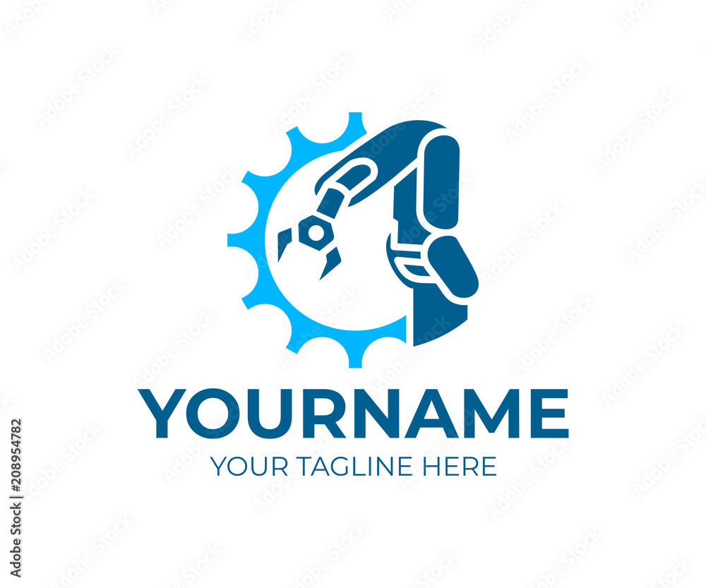 Robot, robotic manipulator arm and cogwheel or gear, logo template. Handling robot and ...