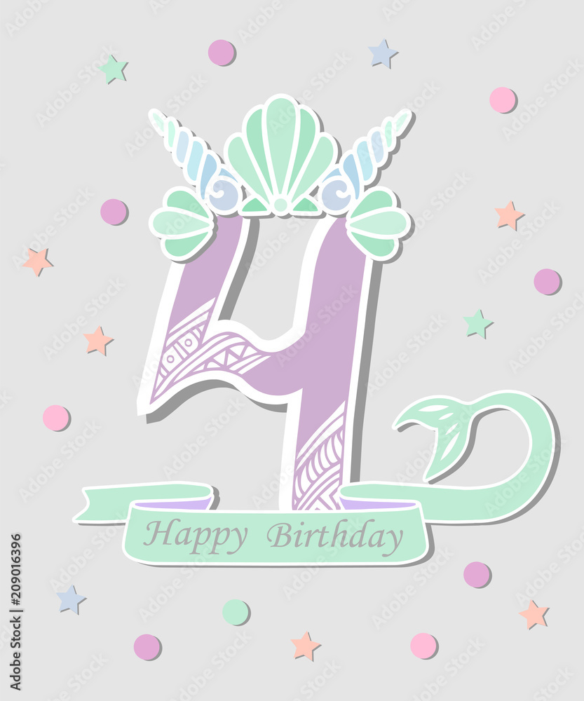 Vector illustration Number Four with Mermaid tail and Shell Crown ...