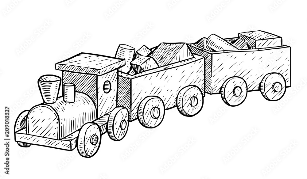 Wooden toy train illustration, drawing, engraving, ink, line art ...