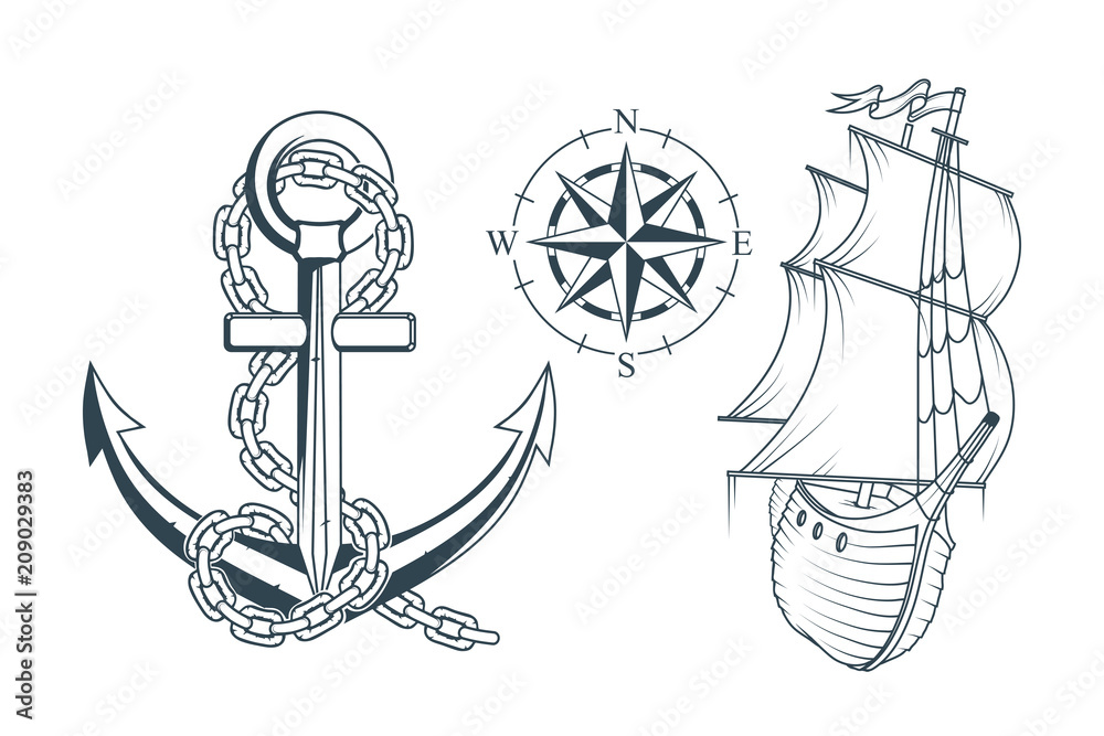 Set of different anchors for marine design. Illustration of a ship's ...