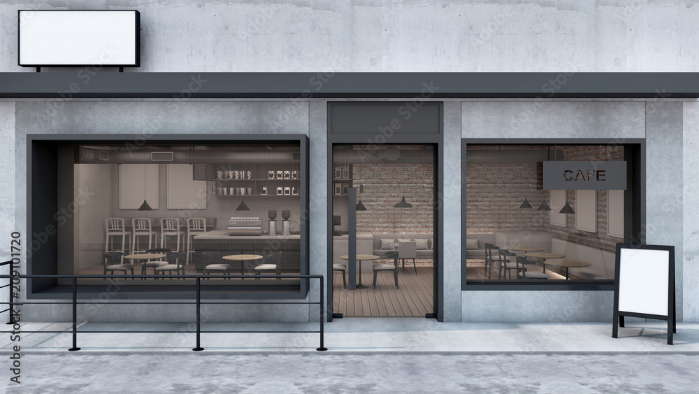 Front view Cafe shop & Restaurant design. Modern Loft wall concrete ...