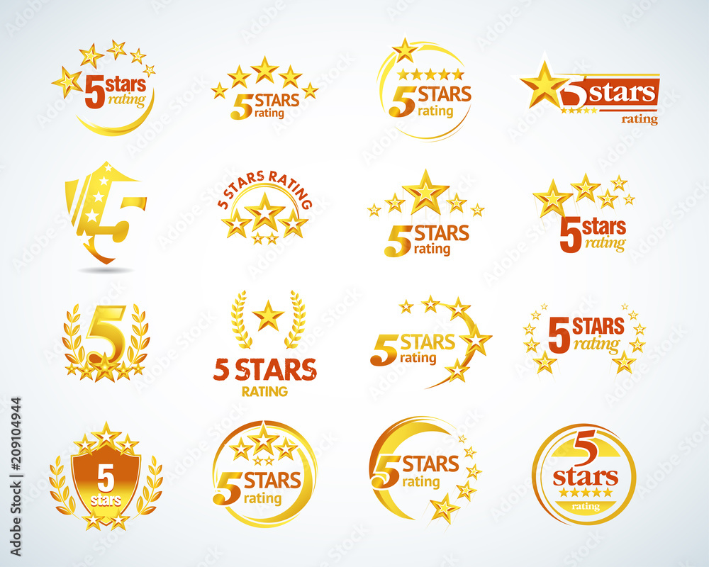 Golden Five stars logo template set. 5 star rating emblems set ...