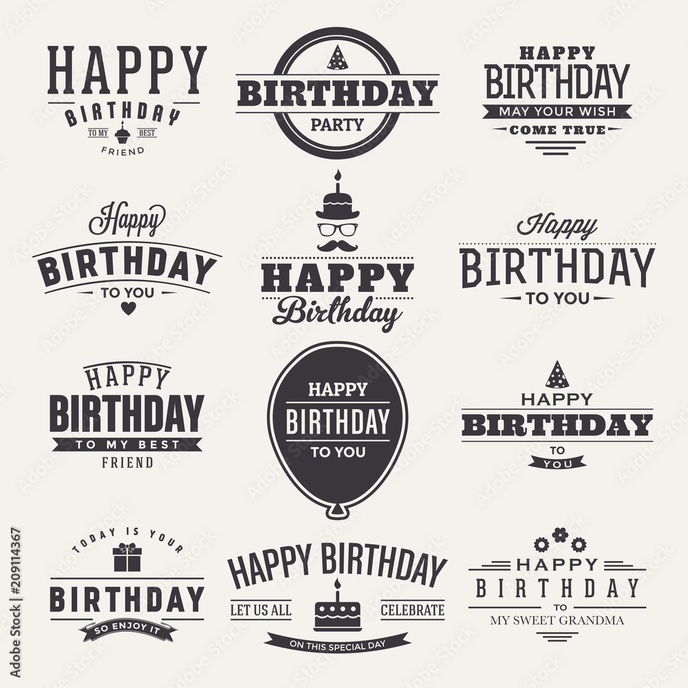 Happy birthday design with labels collection themed badge, logo, icon ...