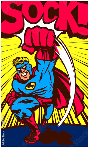 Pop art vintage comic book style superhero throwing punch and fighting ...