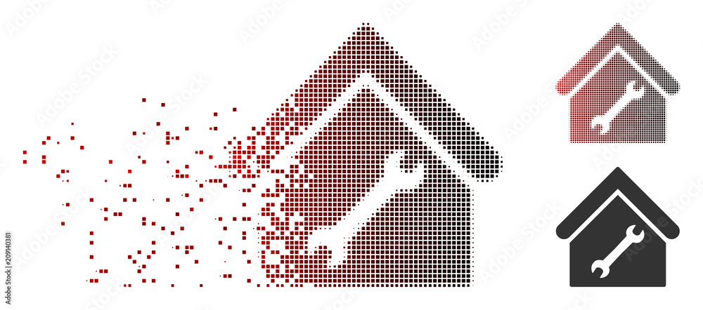 Vector repair building icon in dispersed, pixelated halftone and ...