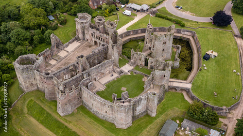 Top down aerial view of the ruins of a large medieval castle (Raglan ...