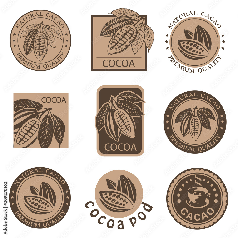 collection of labels with cocoa beans and leaves Stock Vector | Adobe Stock