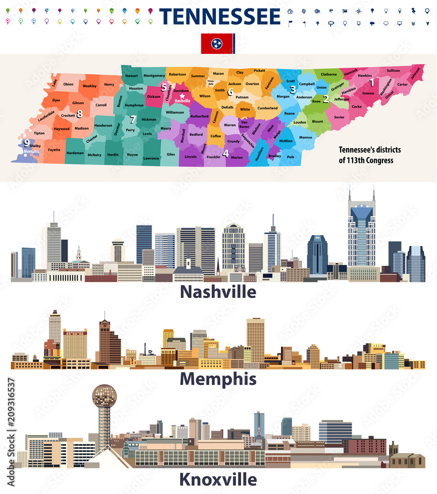 Tennessee state congressional districts map and major cities skylines ...