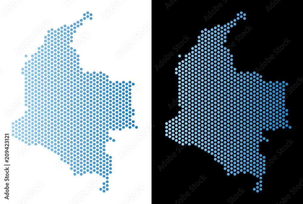 Hexagon Colombia map. Vector geographic plan in light blue color with ...