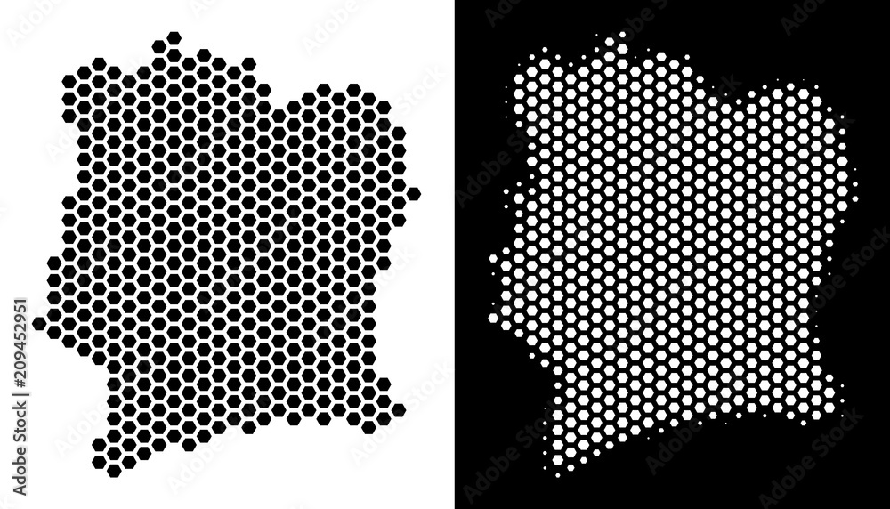 Hexagon Ivory Coast map. Vector geographic plan in black and white ...