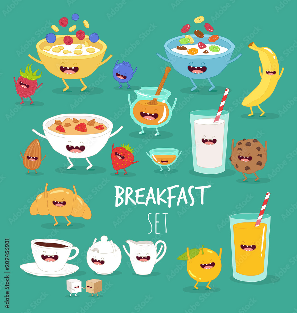 Funny breakfast set. Comic characters. Vector illustrations. Stock ...