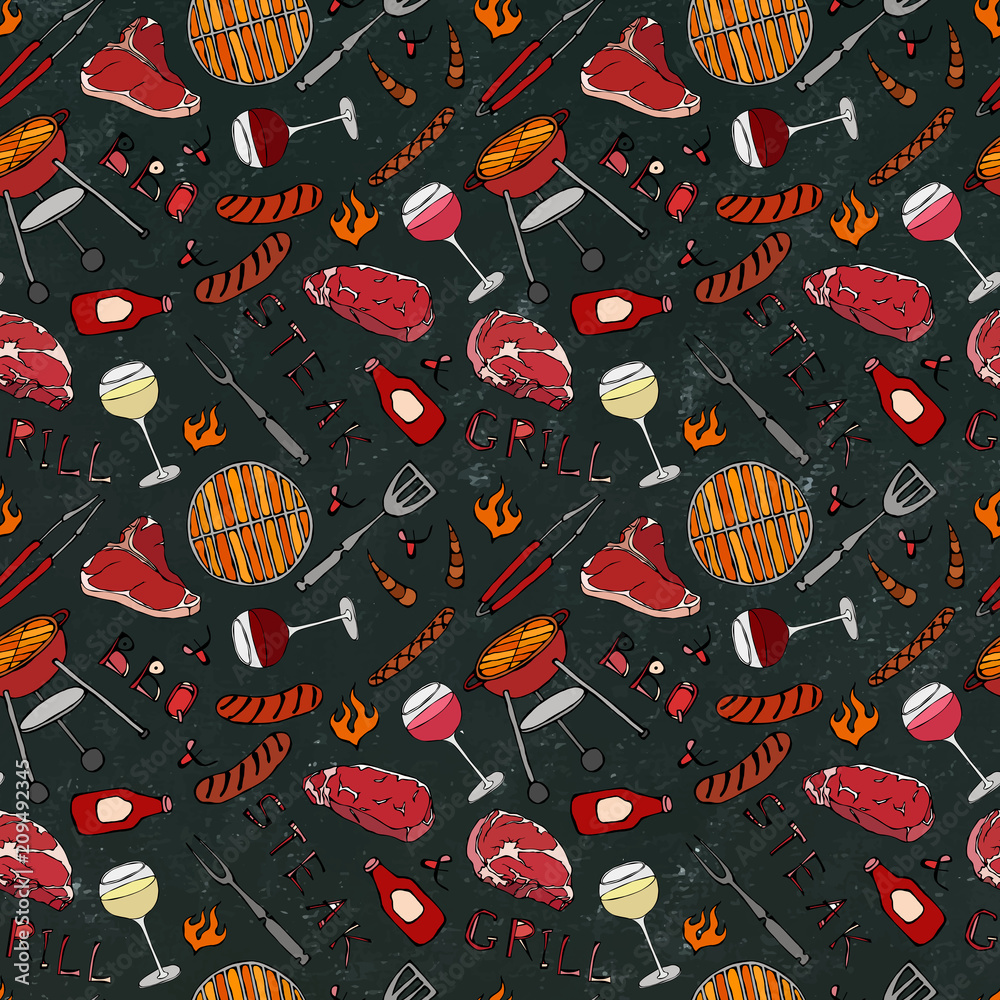 Seamless Pattern of Summer BBQ Grill Party. Glass of Red, Rose and ...