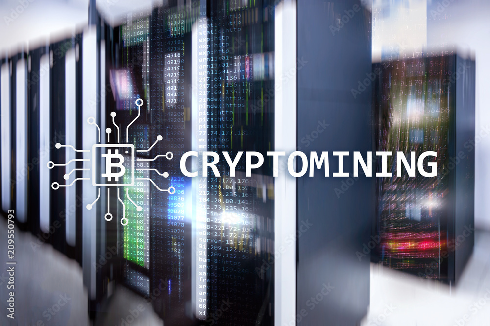 Cryptocurrency mining concept on server room background. Stock Photo ...