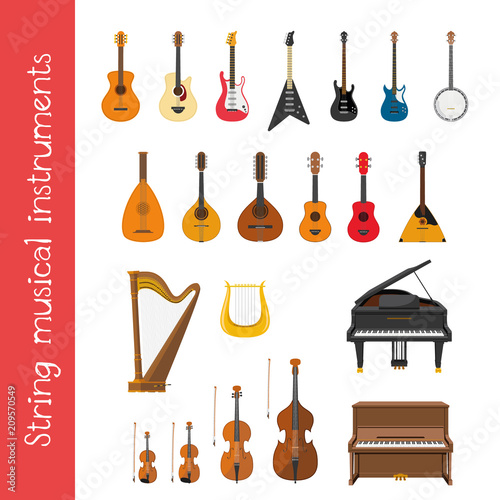 Vector illustration set of string musical instruments in cartoon style ...