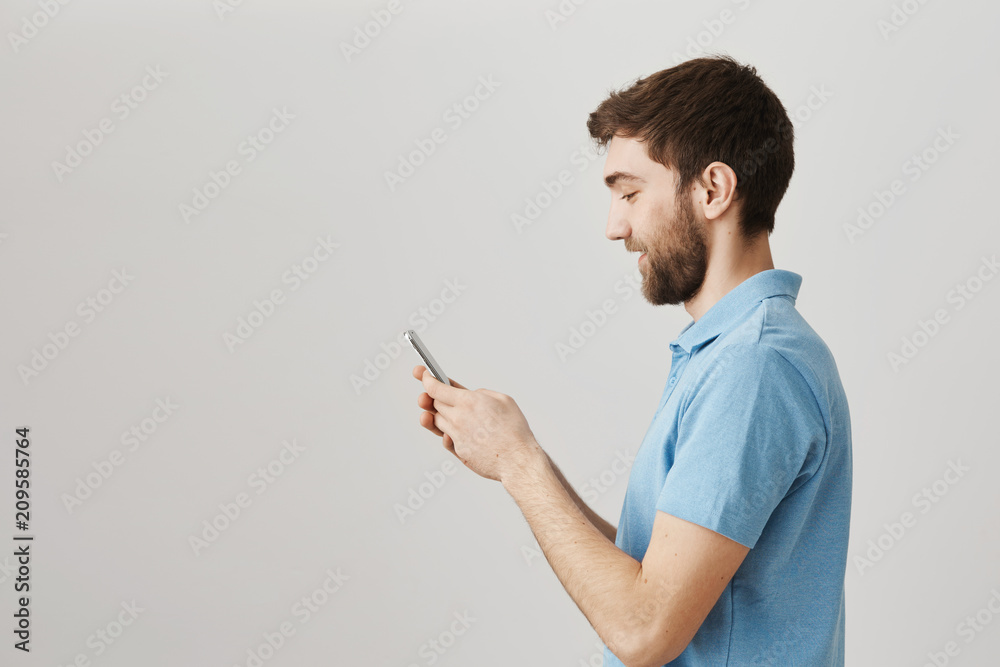 Photo Stock New model of phone is much better. Profile portrait of ...