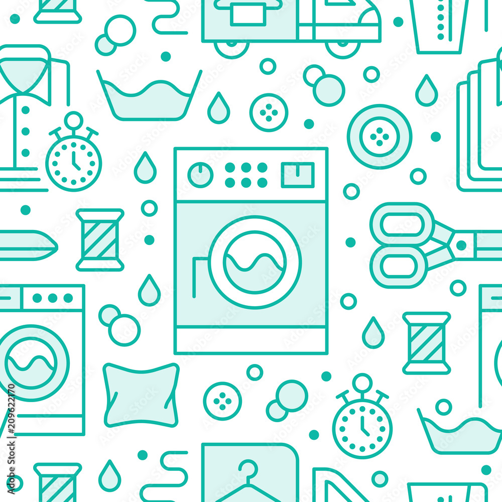 Dry cleaning, laundry blue seamless pattern with line icons. Laundromat ...