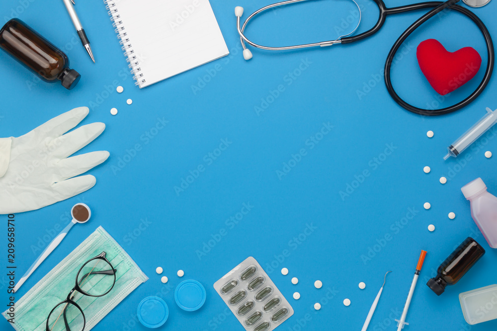 Flat lay aerial of accessories healthcare & medical background concept ...