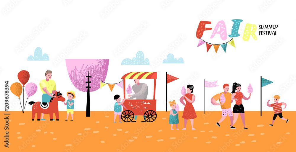 Summer Fun Fair Poster, Banner, Brochure. Amusement Park Characters ...