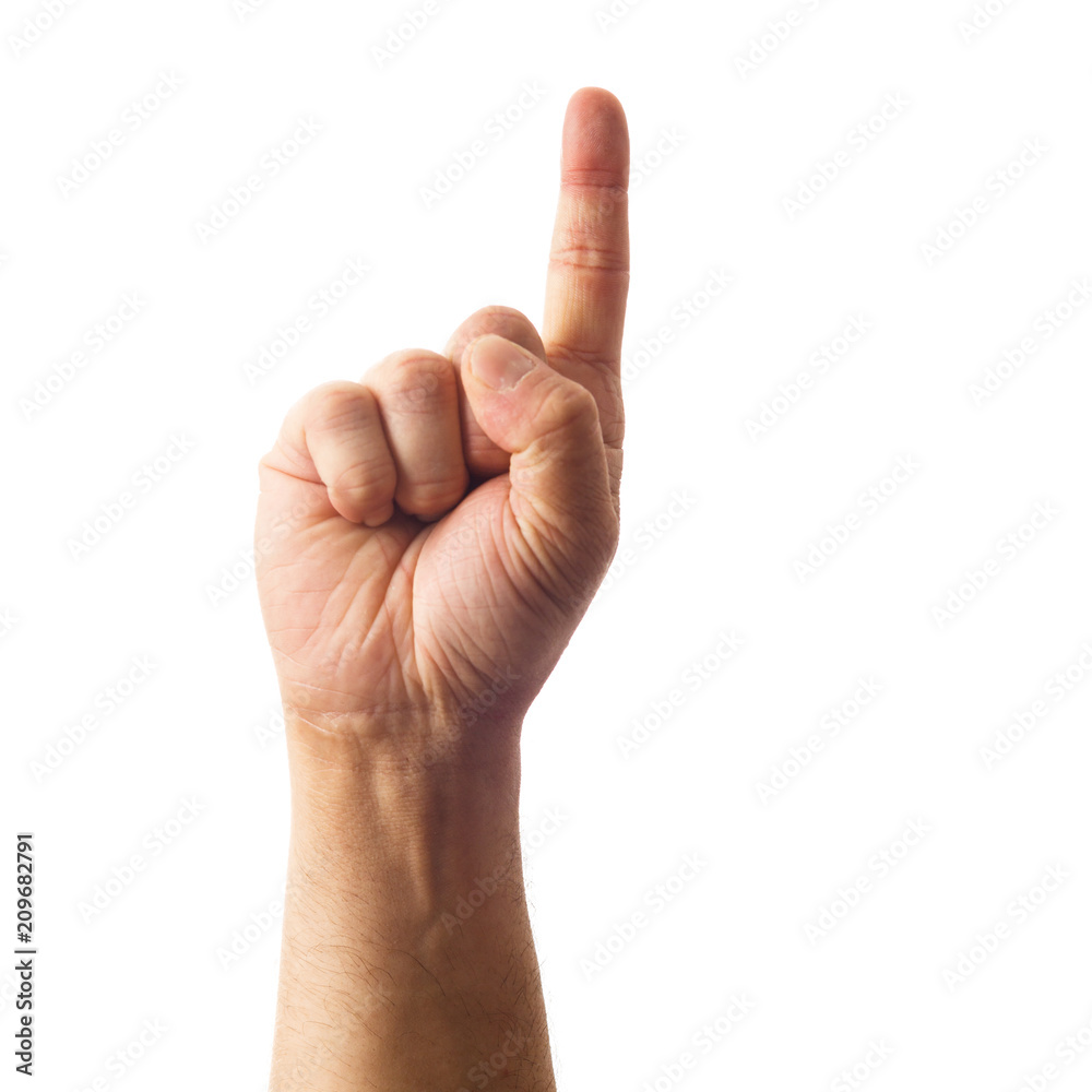 Adult male hand showing one finger up gesture isolated on white Stock ...