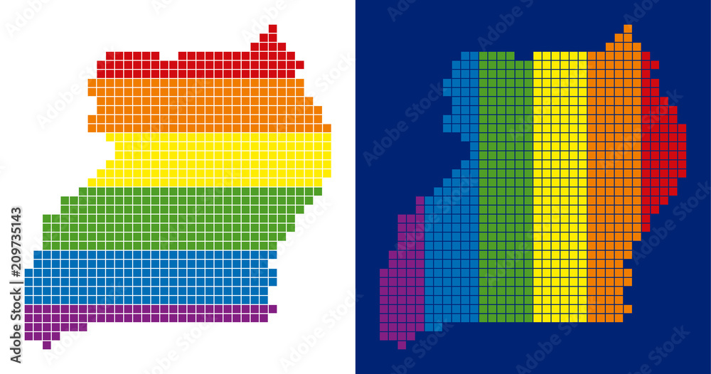 Dotted LGBT Uganda map variants. Vector geographic maps in rainbow ...