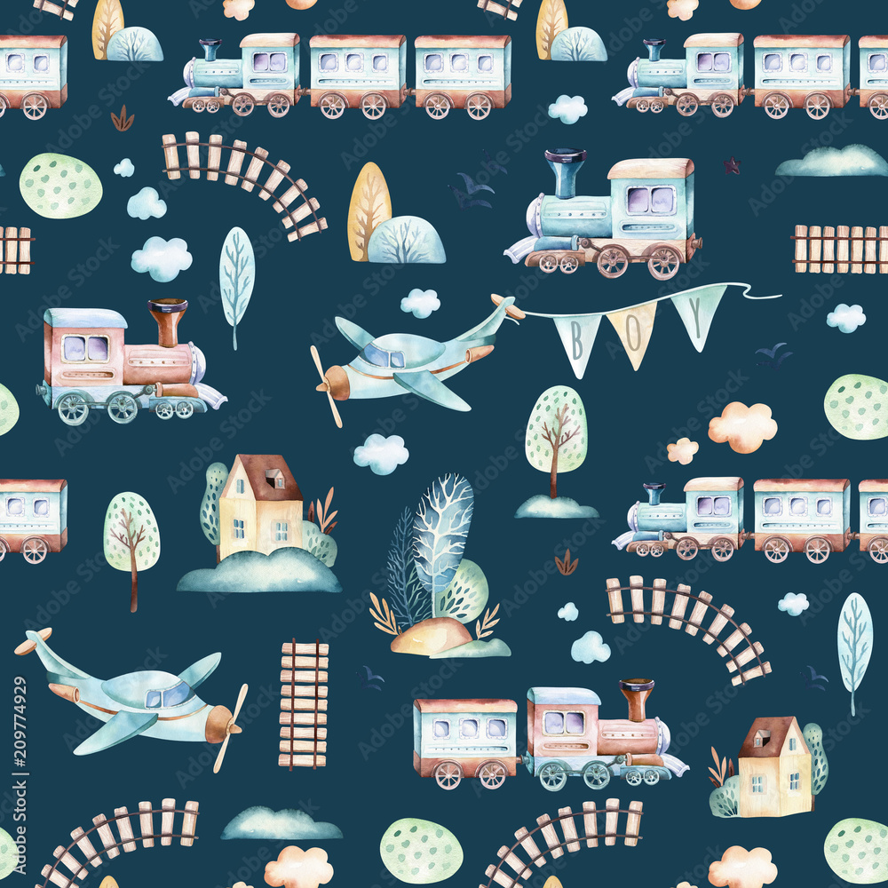 Baby boys world. Cartoon airplane, plane and waggon locomotive ...