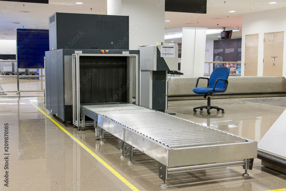 Airport security metal detector scan. Empty scanner control luggage at the terminal. Gate-ray ...