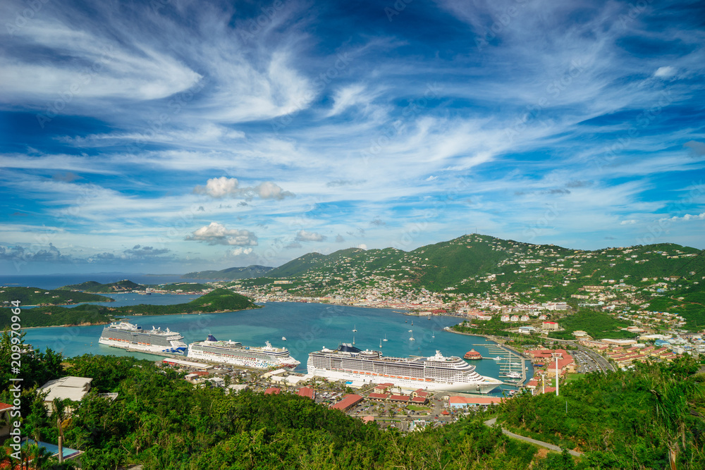 Three cruise ships in the port of St Thomas, US Virgin Islands Stock ...