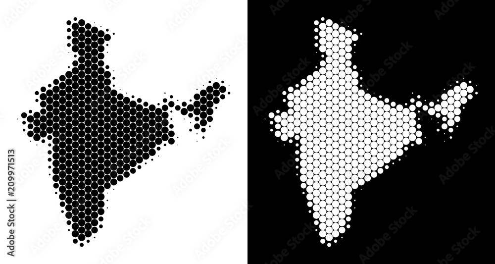 Dotted halftone India map. Vector geographic plan on white and black ...