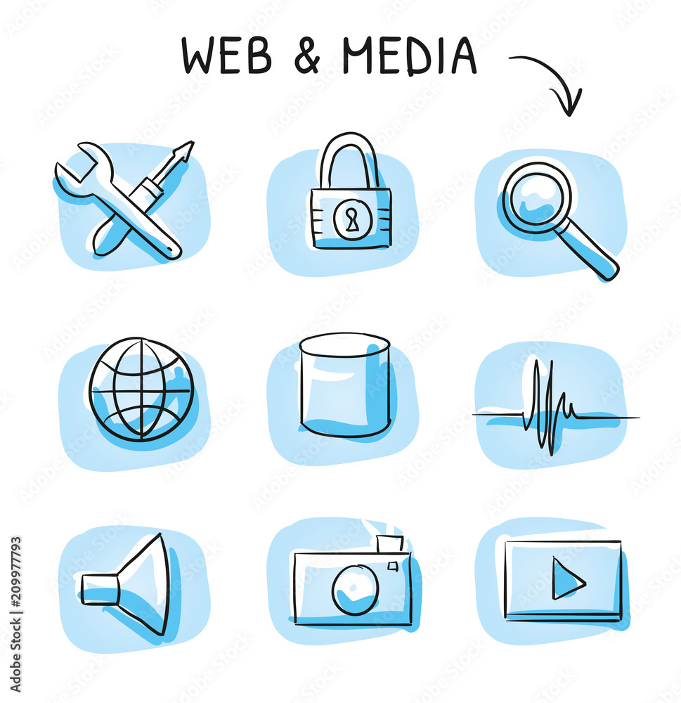 Set with different web icons, as tools, data block, media icons, tools ...