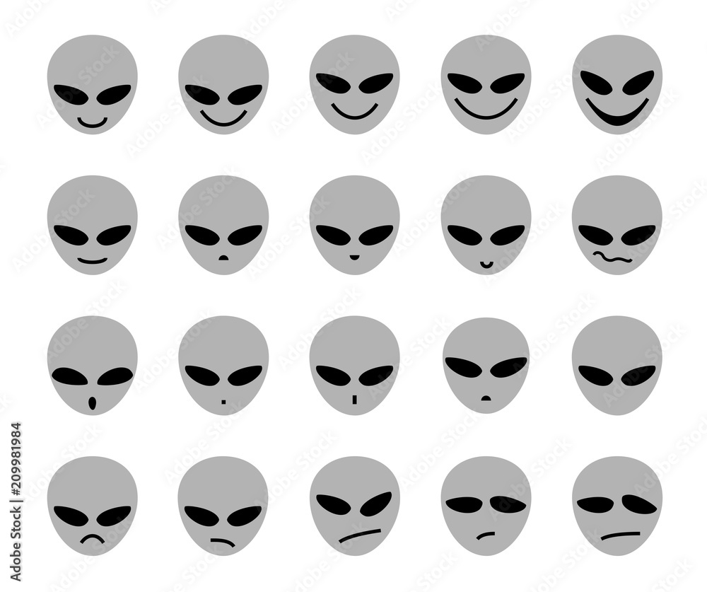 Alien, icon, different emotions, gray, vector. The face of an alien ...
