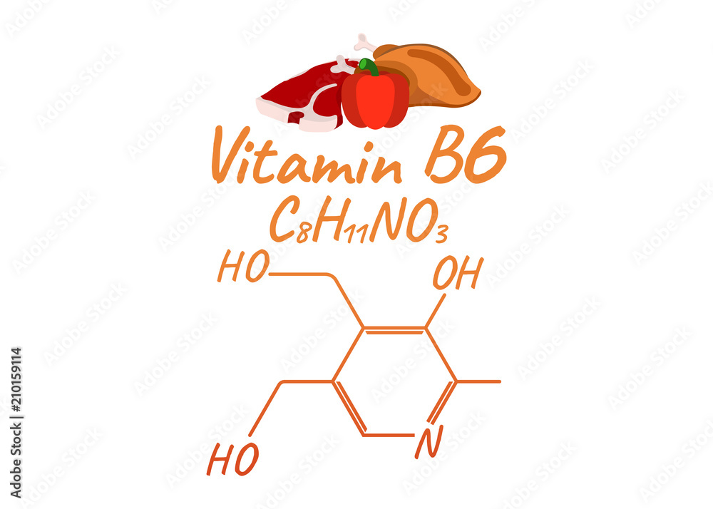 Vitamin B6 with Food Label and Icon. Chemical Formula and Structure ...