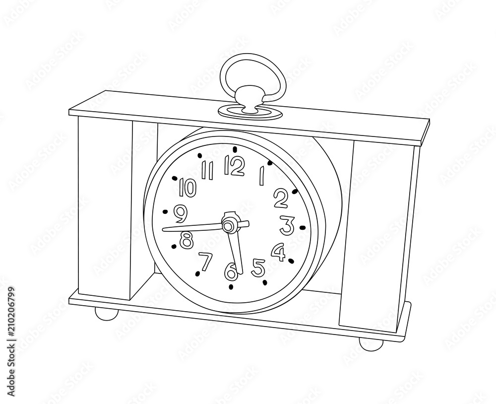 Vector illustration, isolated vintage desktop square clock in black and ...