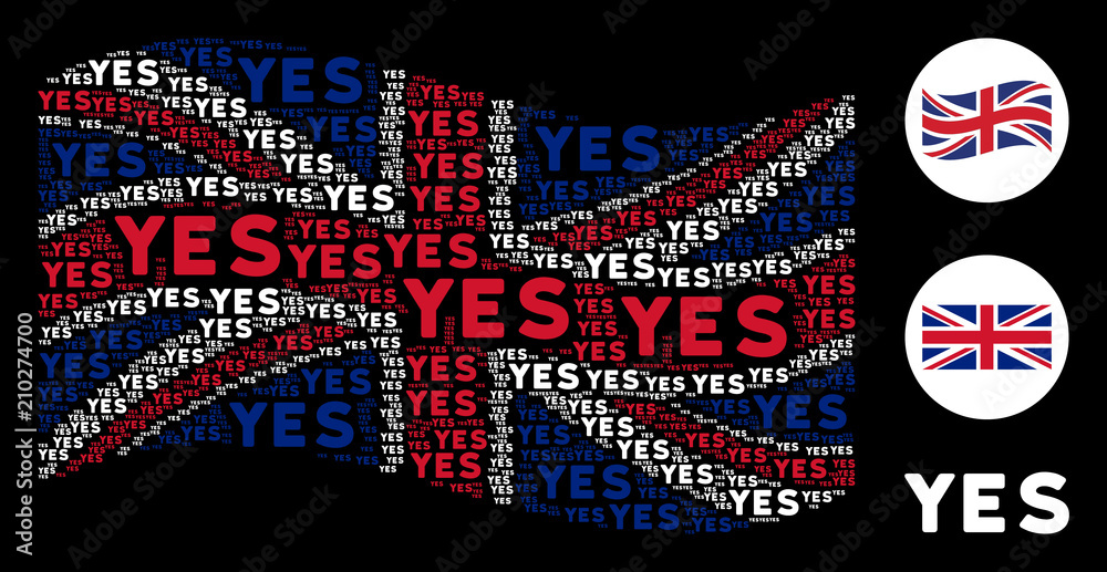 Waving United Kingdom flag pattern created of Yes texts. Vector Yes ...