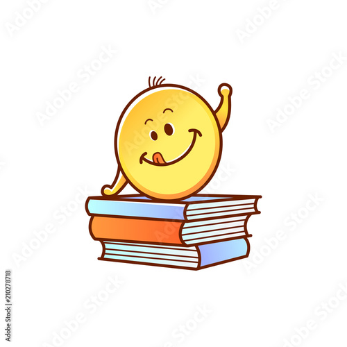 Smiley schoolchild on pile of books pulling hand up isolated on white ...