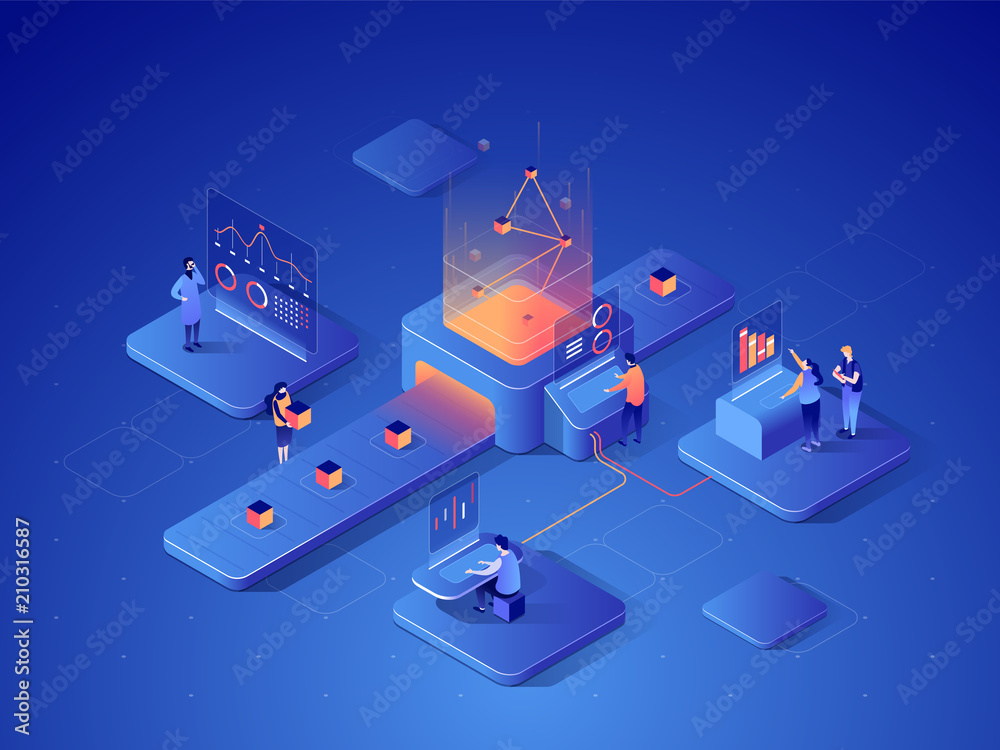 People interacting with charts and analysing statistics. Data visualisation concept. 3d ...