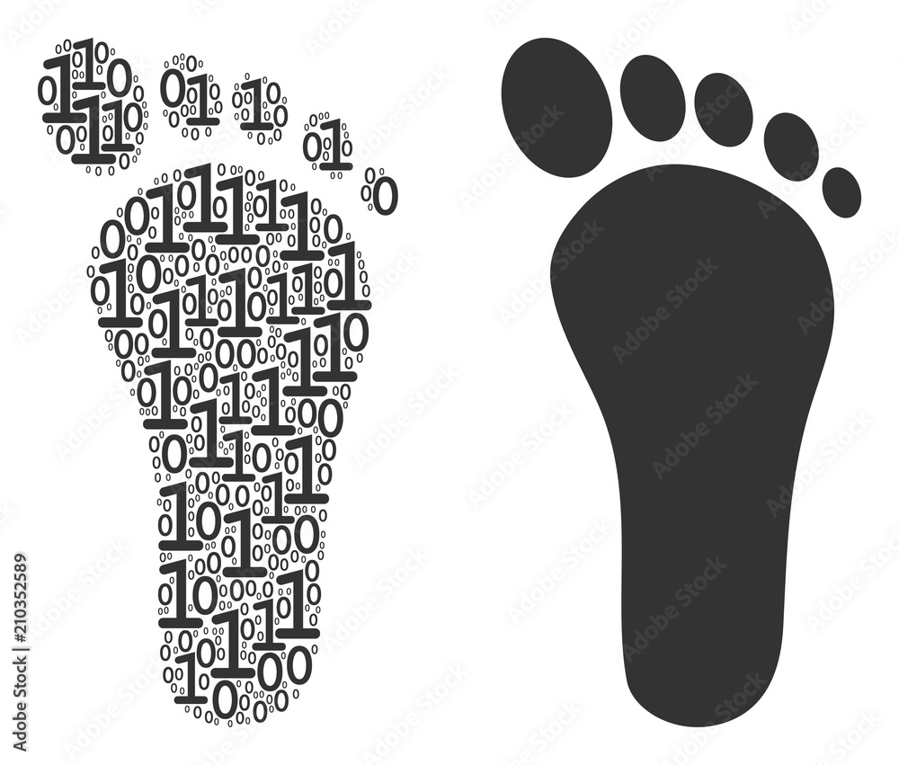 Human footprint collage icon of zero and one symbols in variable sizes ...