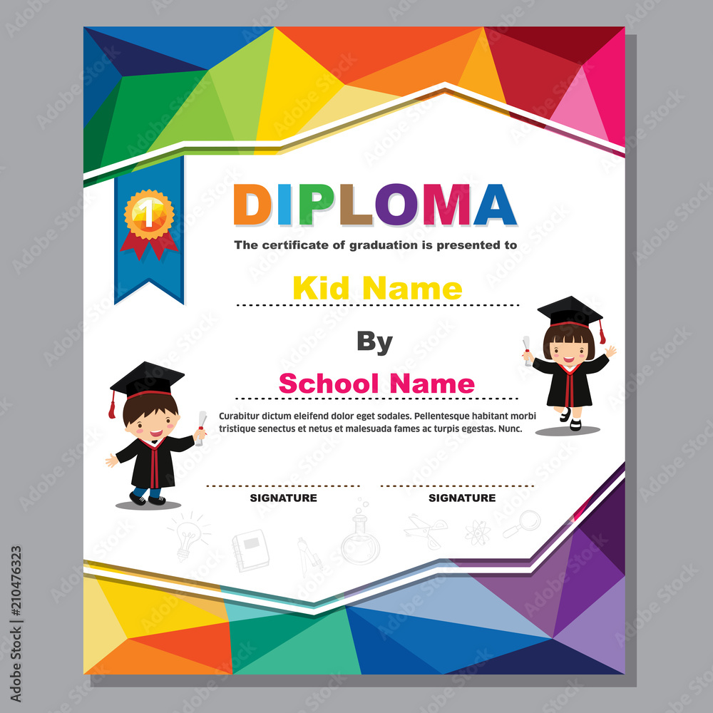 Preschool Kids Diploma certificate colorful background design template ...