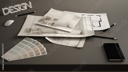 Architect designer concept, table close up with interior renovation ...