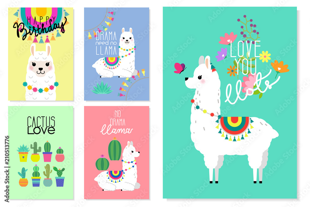 Cute llamas, alpacas and cactus illustrations for nursery design ...
