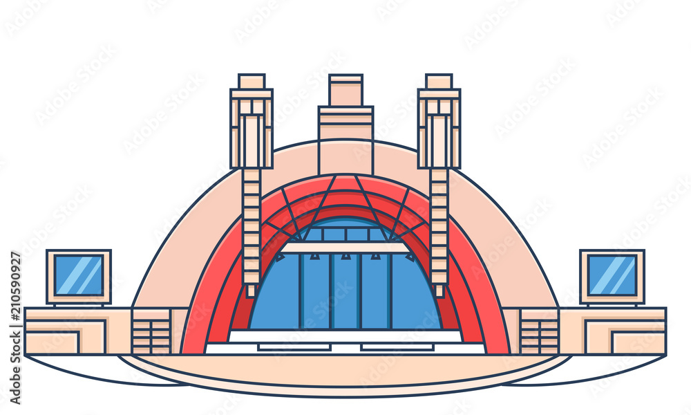 Open air concert hall in Los Angeles in flat color line design. LA ...