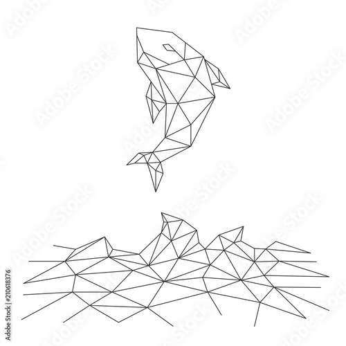 Fish jump on wave wireframe Polygon frame structure, aquatic and marine ...