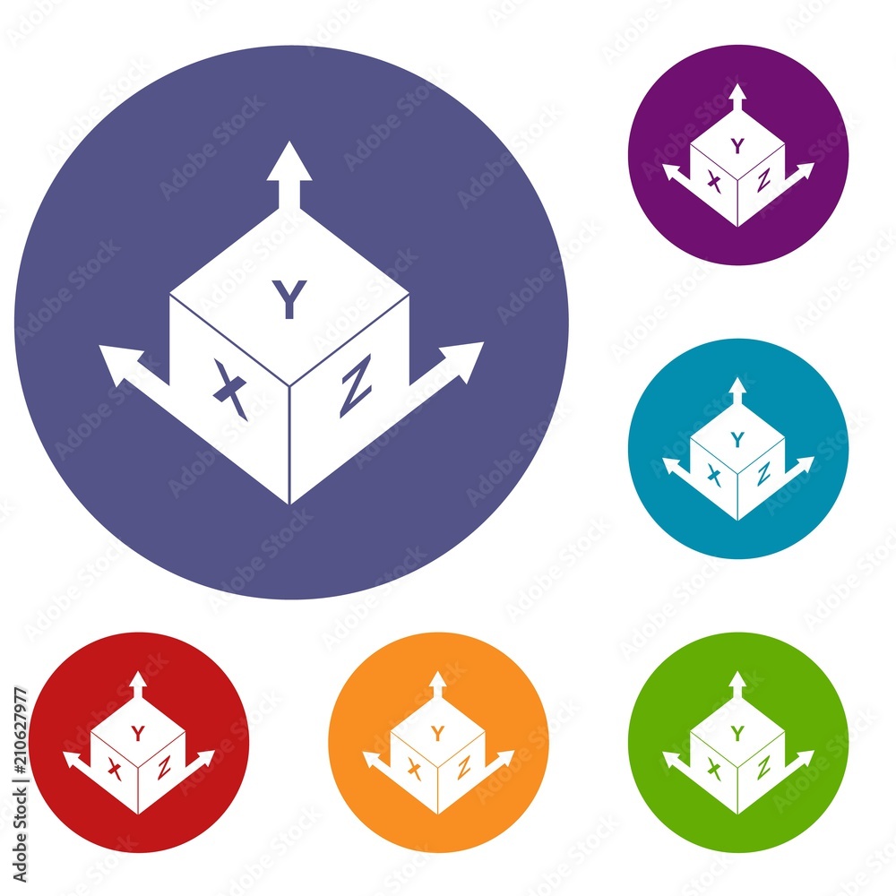 Measurement cube square icons set in flat circle red, blue and green ...